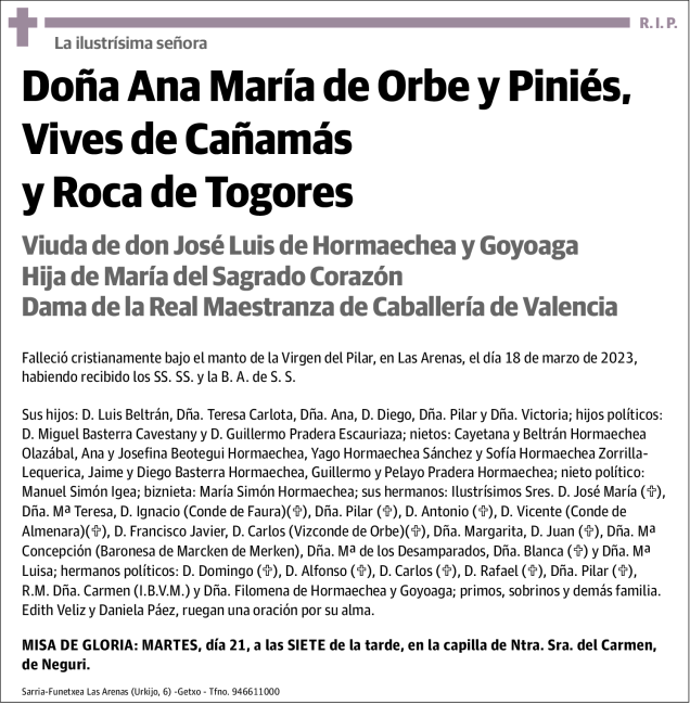 Ana María De Orbe Y Piniés, Vives De Cañamás Y Roca De Togores